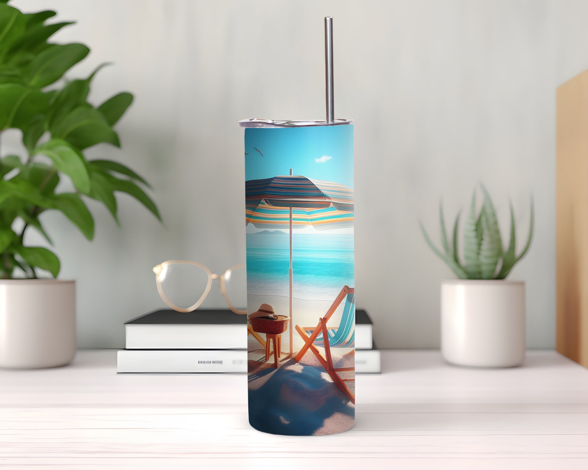 Skinny 20 Oz Beach Chairs Tumbler Beach Scene Wrap Png, Sublimation ...