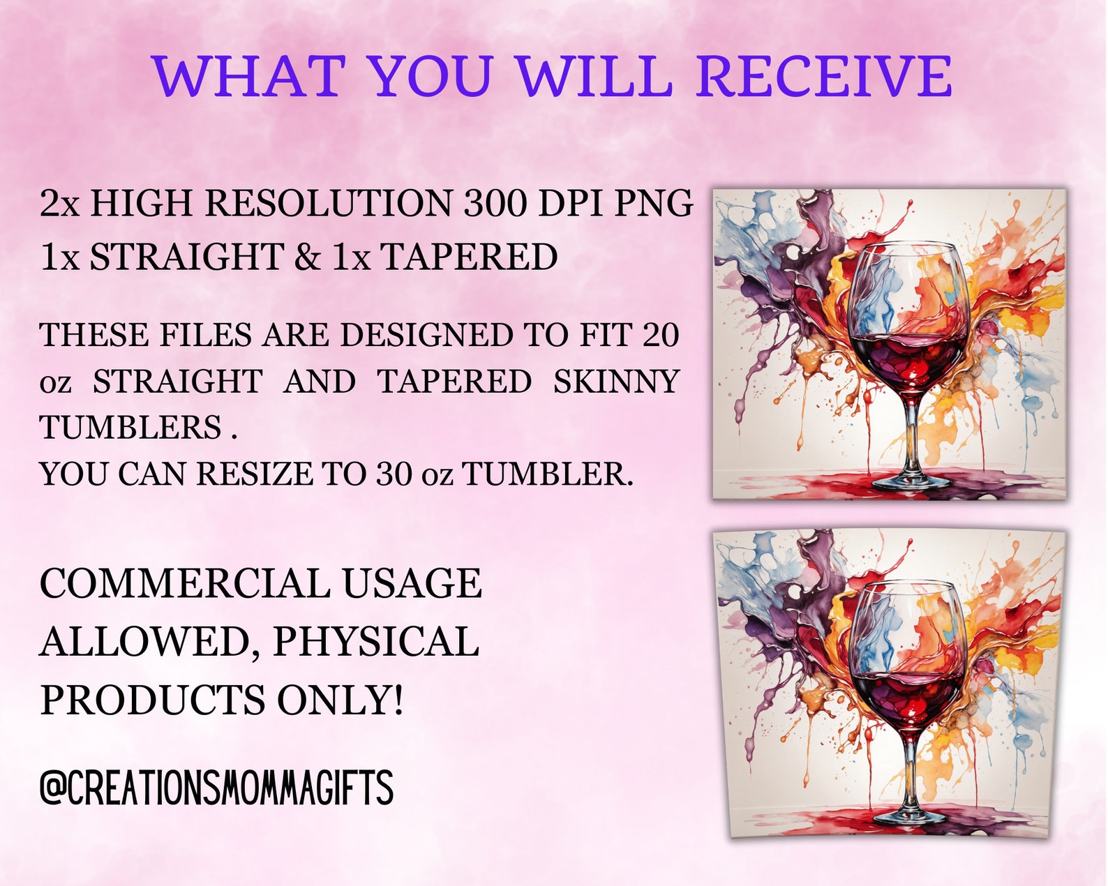 Watercolor Wine 20oz Tumbler Wrap, Straight & Tapered PNG (digital ...