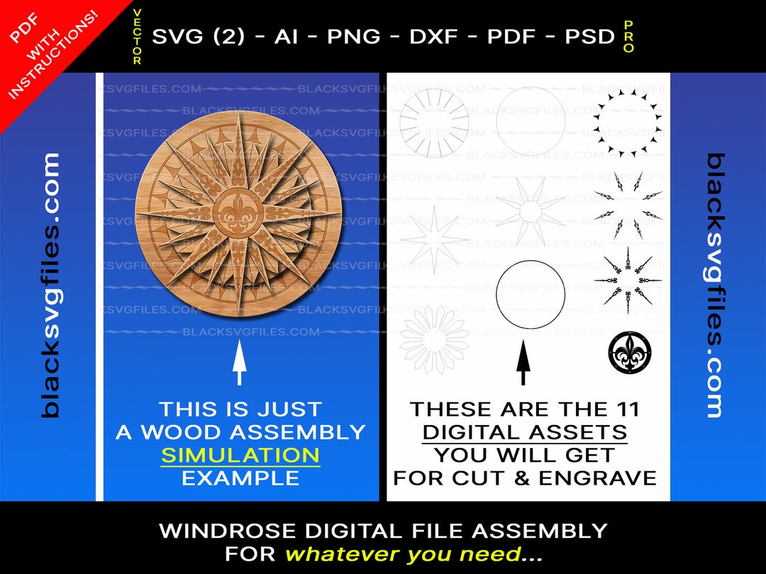 Black SVG Windrose Wood Compass Laser Cut File for Glowforge, Xtool ...
