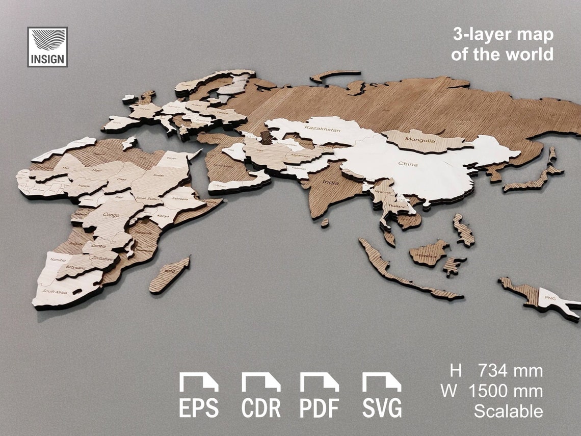 Layout of a 3-layer World Map Designed for Laser Cutting. Map of the World Laser Cut File SVG ...