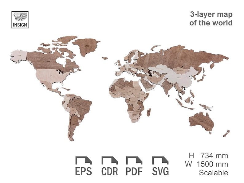 Layout of a 3-layer World Map Designed for Laser Cutting. Map of the ...