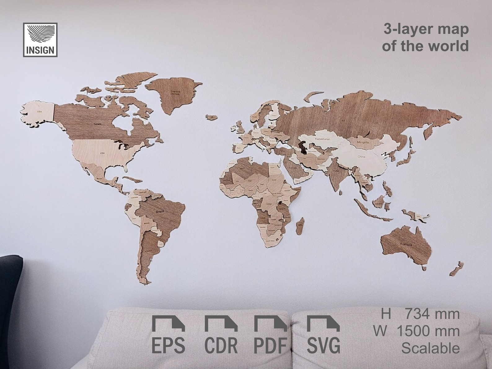 Layout of a 3-layer World Map Designed for Laser Cutting. Map of the ...