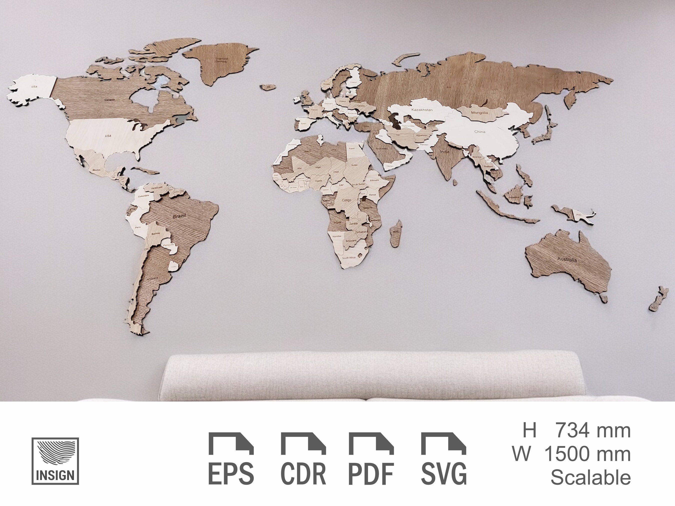 Layout of a 3-layer World Map Designed for Laser Cutting. Map of the ...
