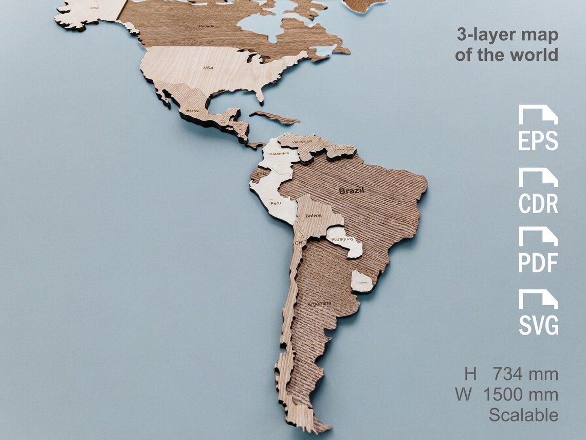 Layout of a 3-layer World Map Designed for Laser Cutting. Map of the ...