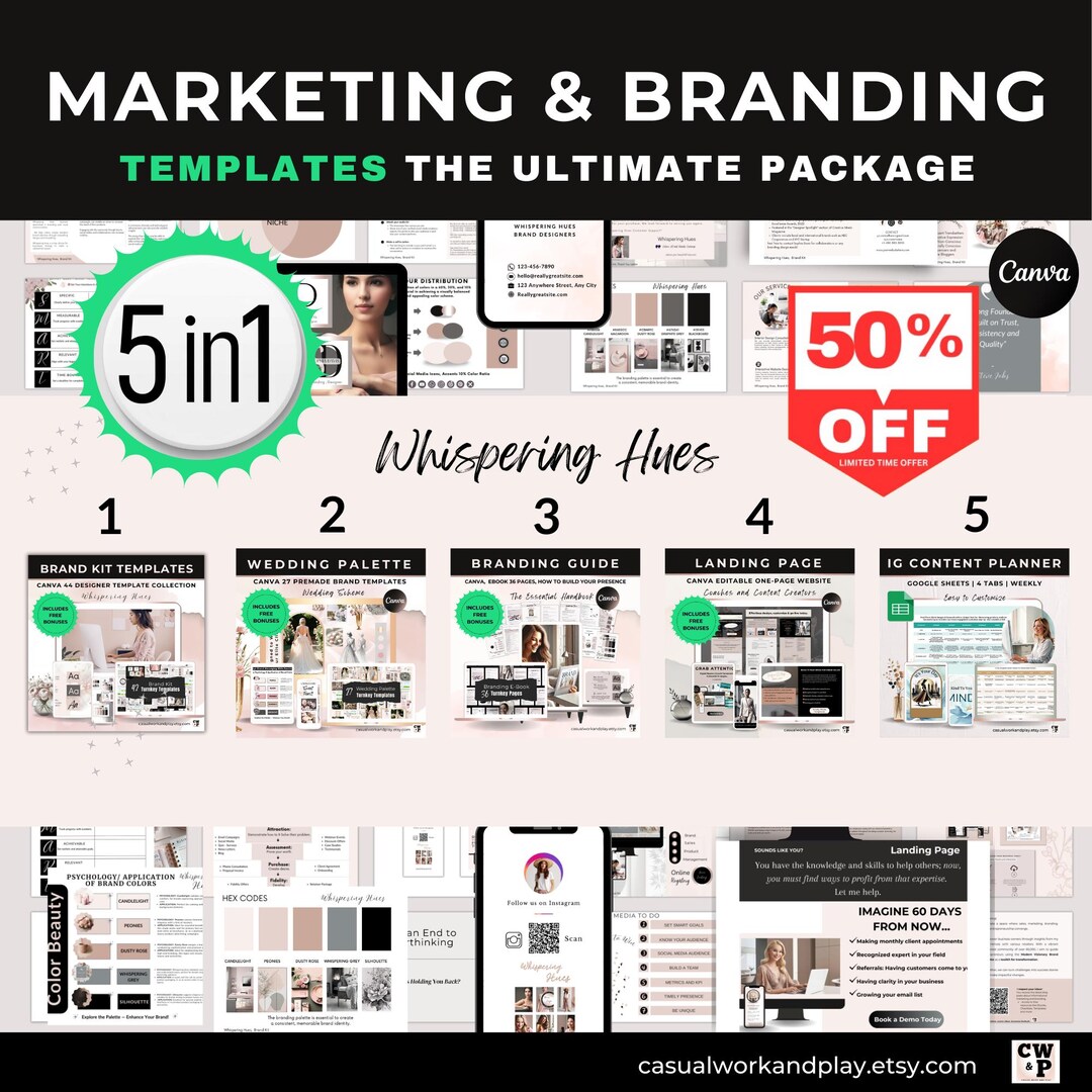 Marketing & Branding Template Bundle, Elegant 5-in-1 Solution for Women ...