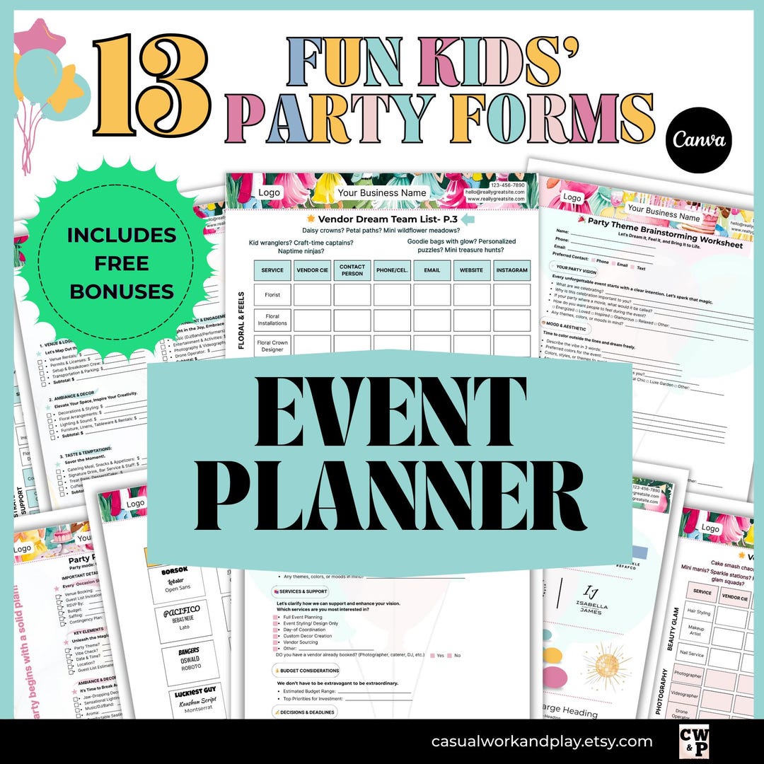 Planner Forms, Event Timeline, 13 Kids Party Forms, Client Consultation ...