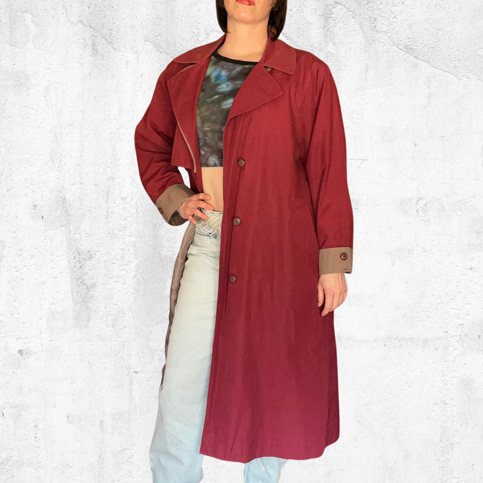 Vintage London Fog Trench Coat Burgundy Maroon Light Weight Buttons ...