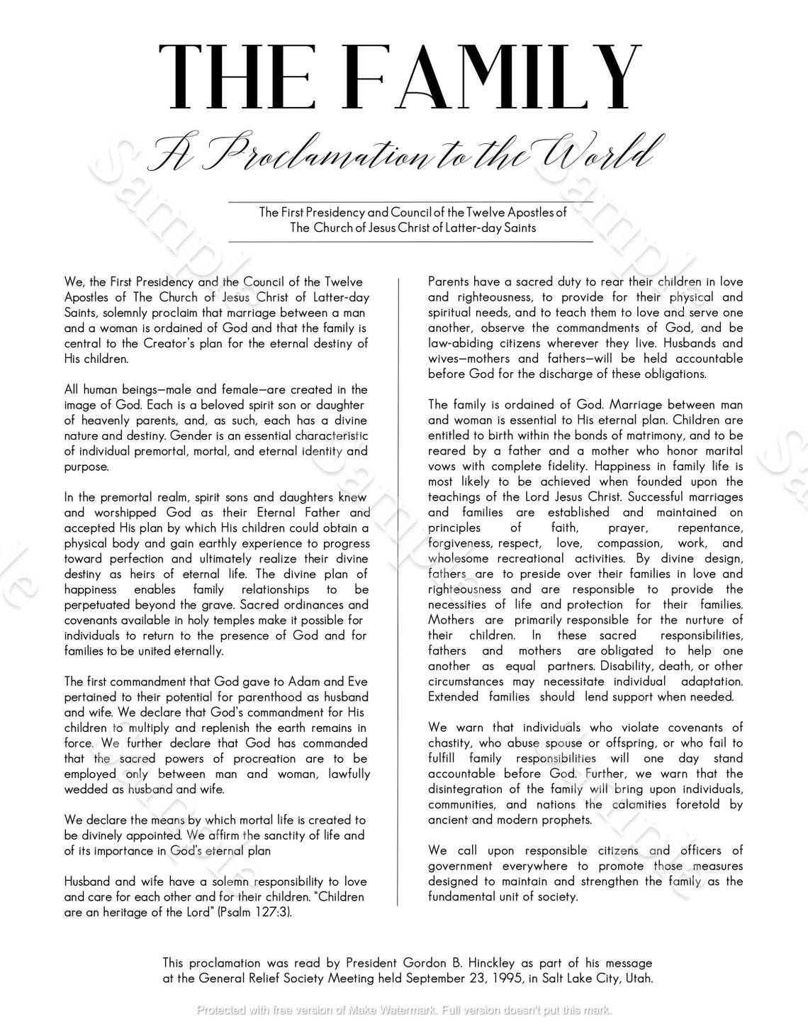 The Family: A Proclamation to the World | LDS | Printable | Digital ...