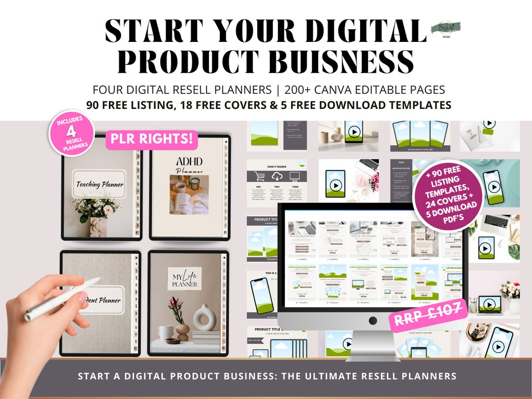 PLR Digital Planner Bundle & 90 Etsy Listing Mockup Canva Customisable ...