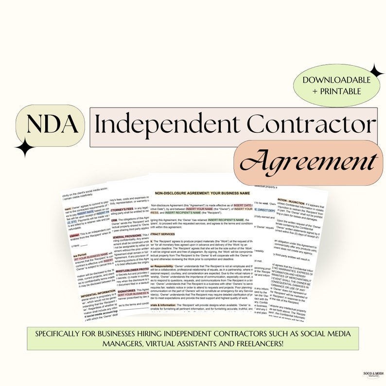 Independent Contractor NDA Templates, Virtual Assistant Tools, SM ...