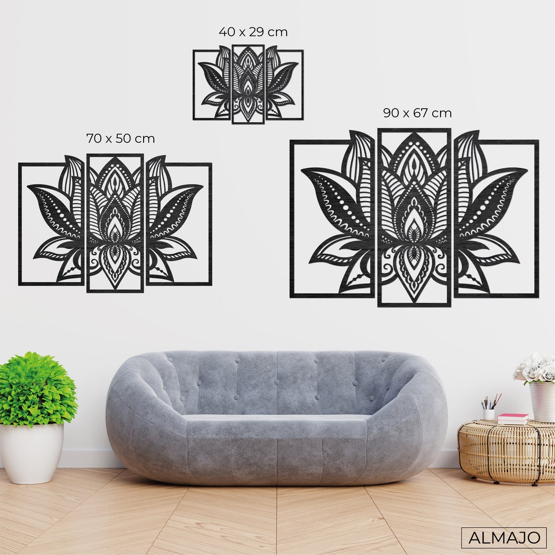 Lotus Three Panel Wall Flower Wall Art Wooden Decoration | Etsy