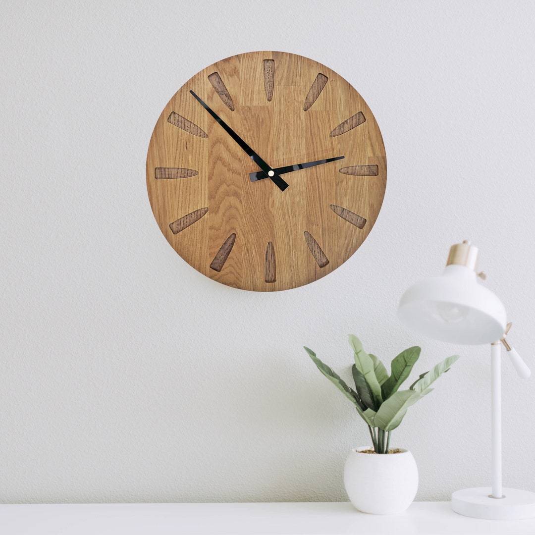 Houten wandklok, eiken wandklok, moderne klok woondecoratie, echte ...