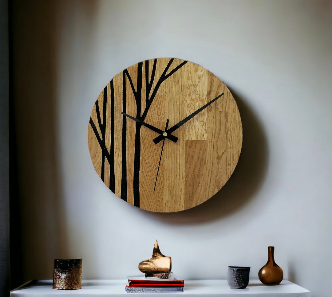 Oak Wood Wall Clock: Modern Tree Design, Silent Minimalist Decor - Etsy