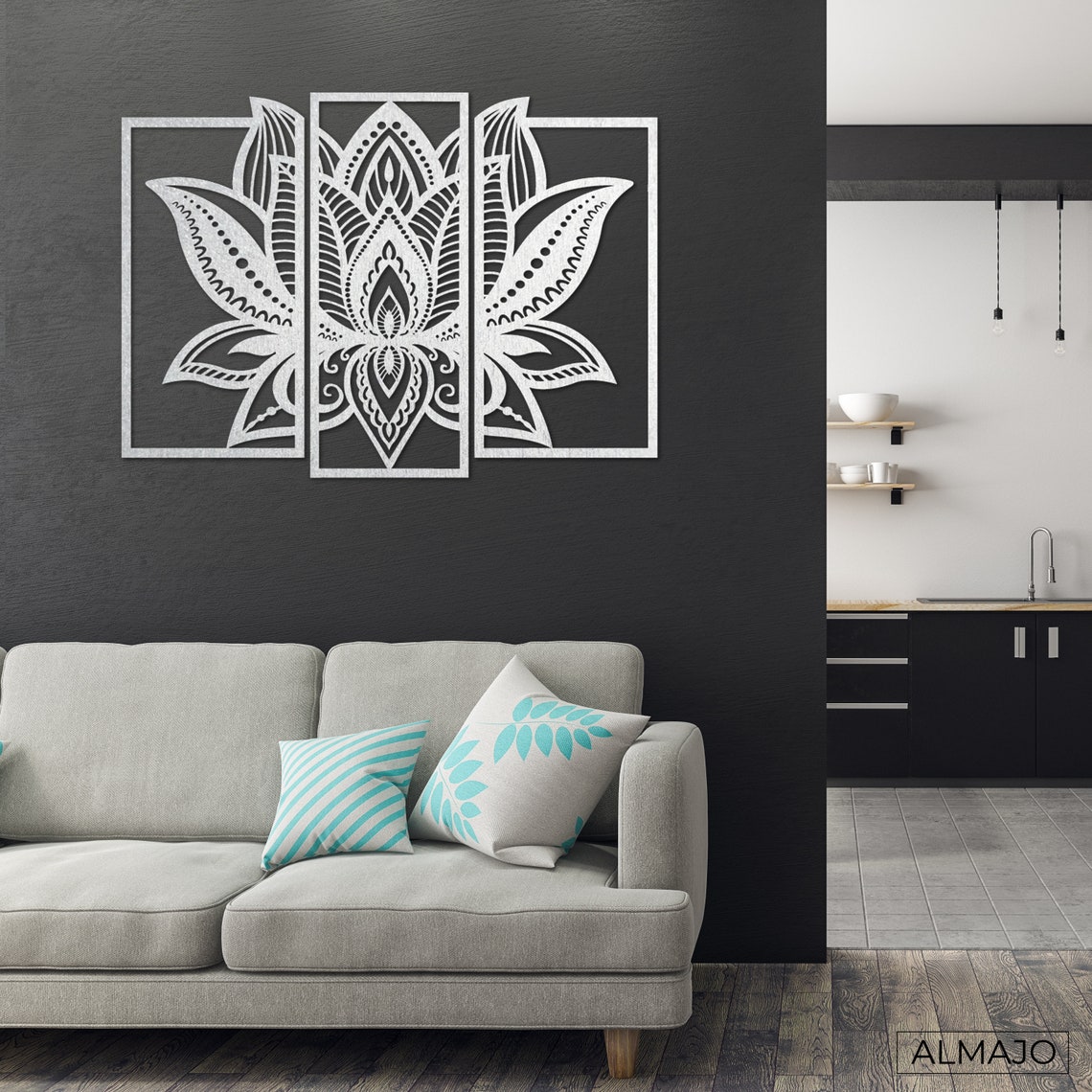 Lotus Three Panel Wall Flower Wall Art Wooden Decoration | Etsy