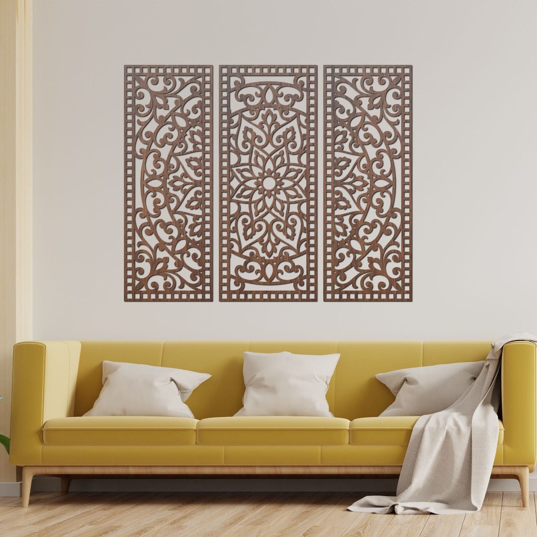 3 Piece Floral Mandala Wall Art Set - Elegant Wood Panels - Boho Chic ...
