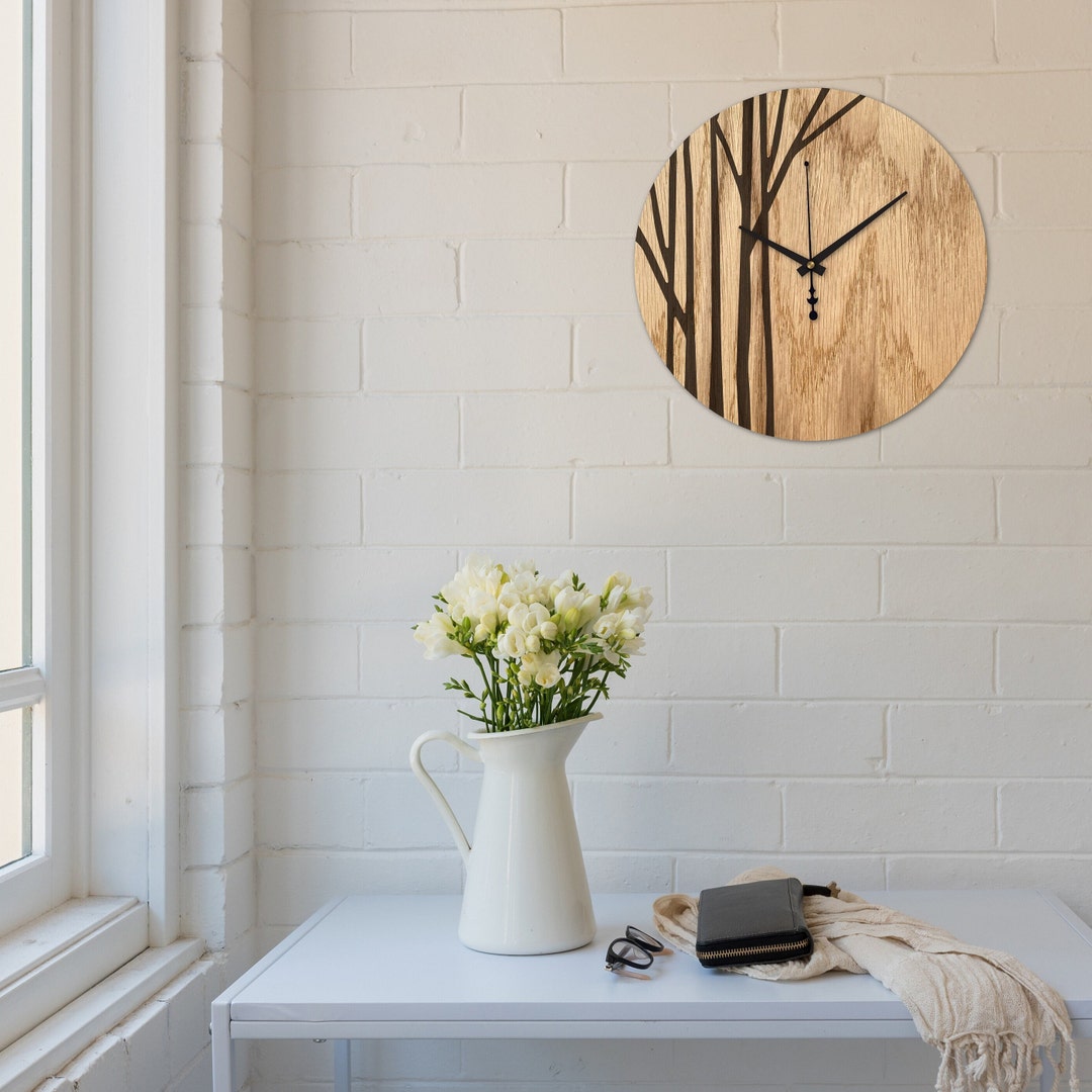 Branches Oak Wood Wall Clock Engraving Laser Cut Decorativ Wall Clock ...