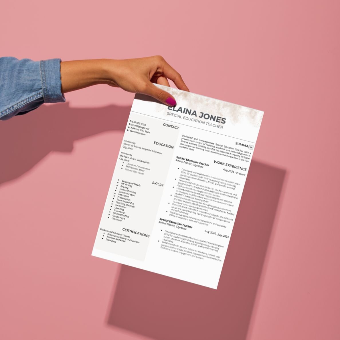 Modern Teacher Resume Template, Editable, Neutral Watercolor Design ...