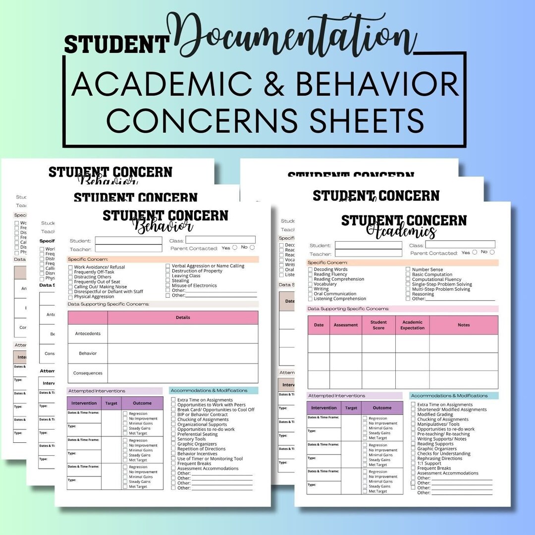 Student Concerns Documentation Sheets for IEP, RTI, Tier 1, Tier 2 ...