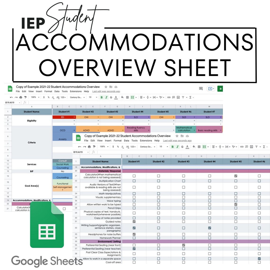 IEP Accommodations Overview: Google Sheets RTI 504 Special Education ...