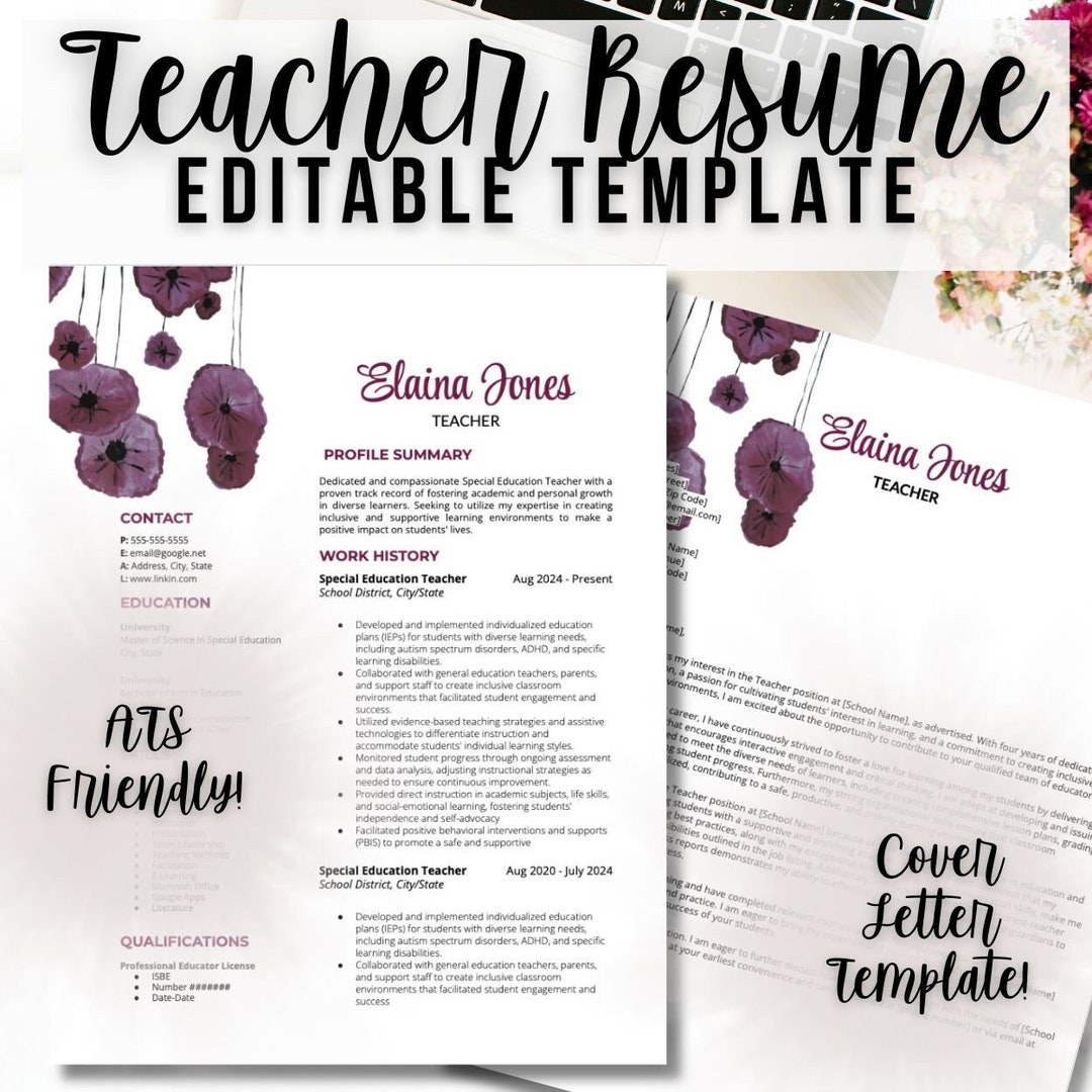 Teacher Resume Template, Cover Letter, CV, Google Docs, ATS Friendly ...
