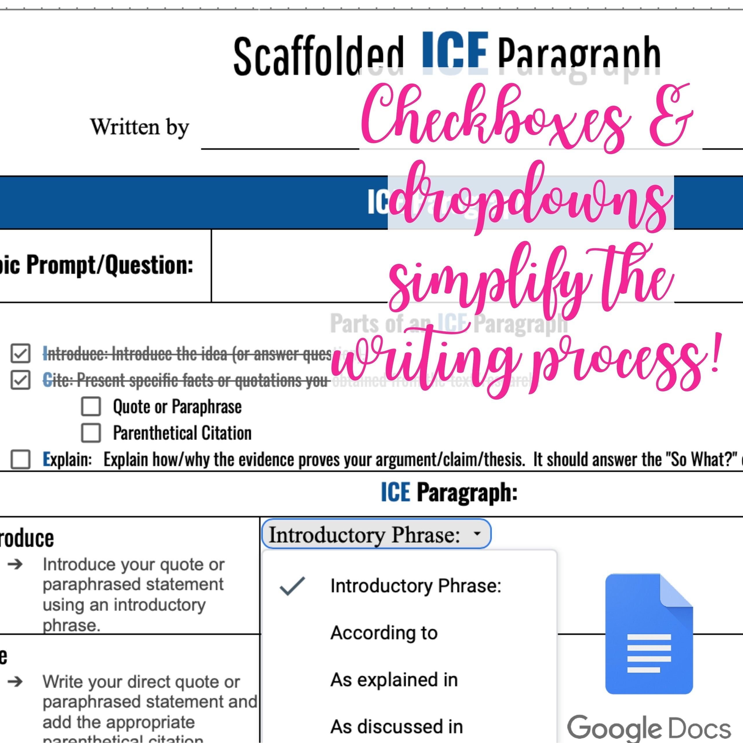 Scaffolded ICE Paragraph Graphic Organizer Writing Supports Google Doc ...