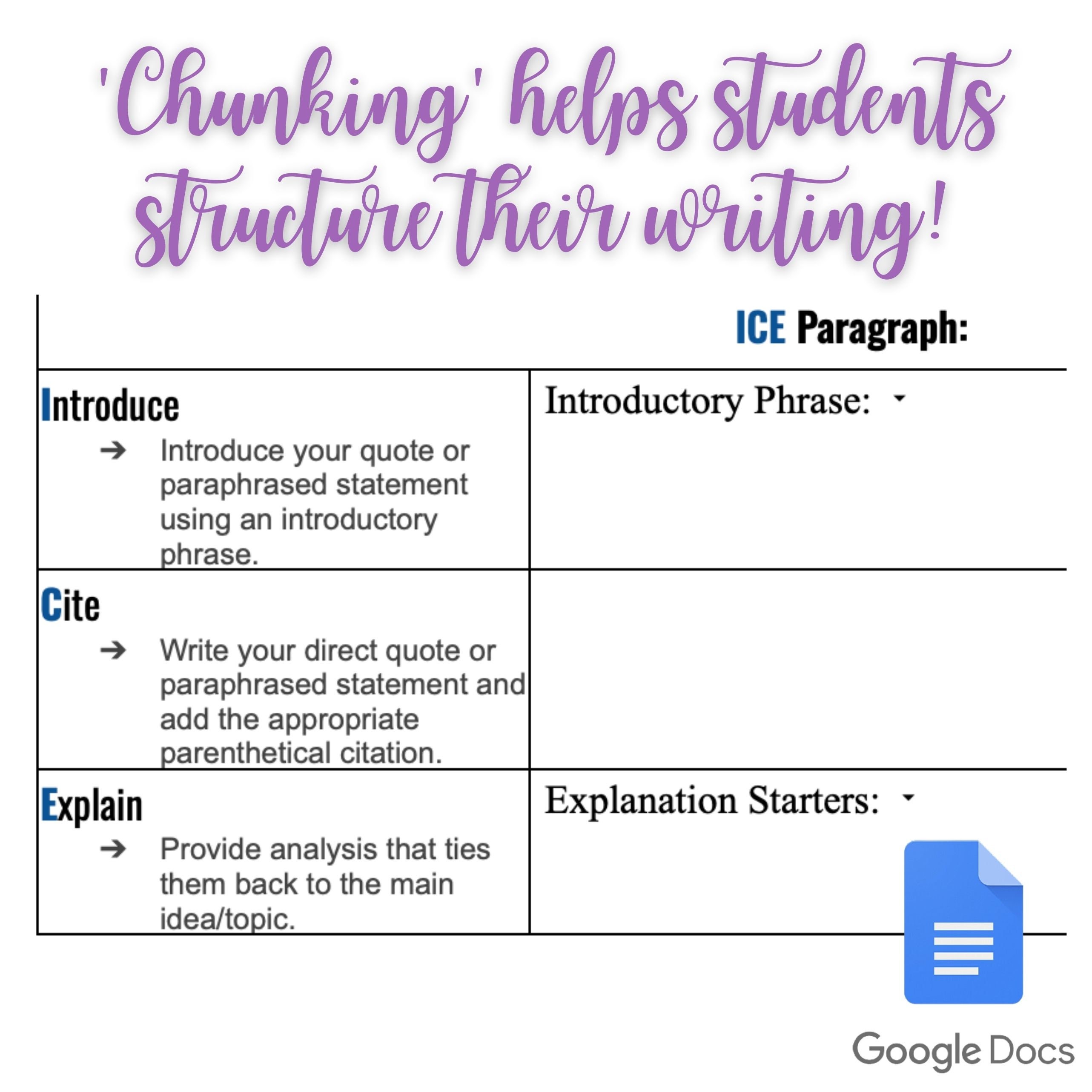 Scaffolded ICE Paragraph Graphic Organizer Writing Supports Google Doc ...