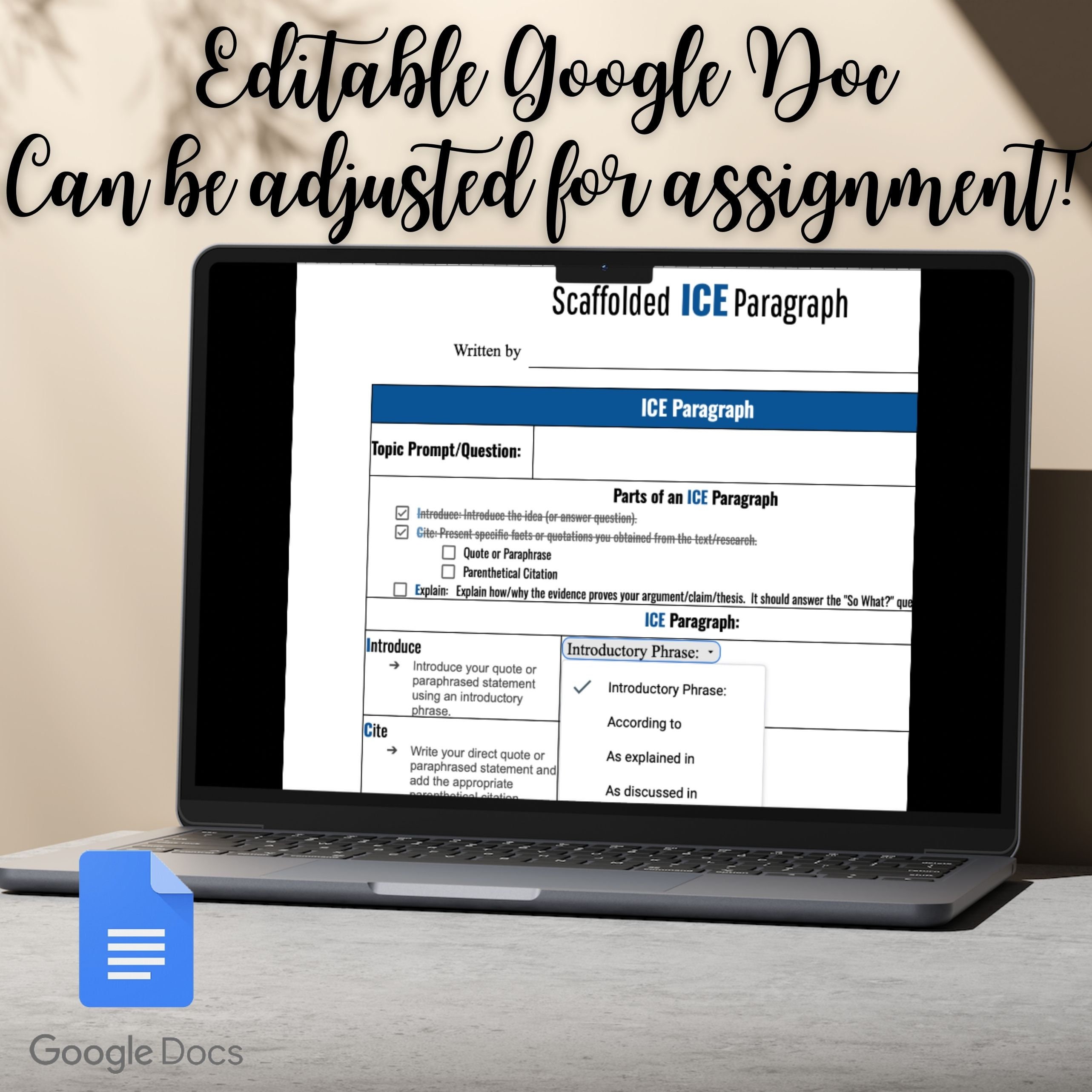 Scaffolded ICE Paragraph Graphic Organizer Writing Supports Google Doc ...