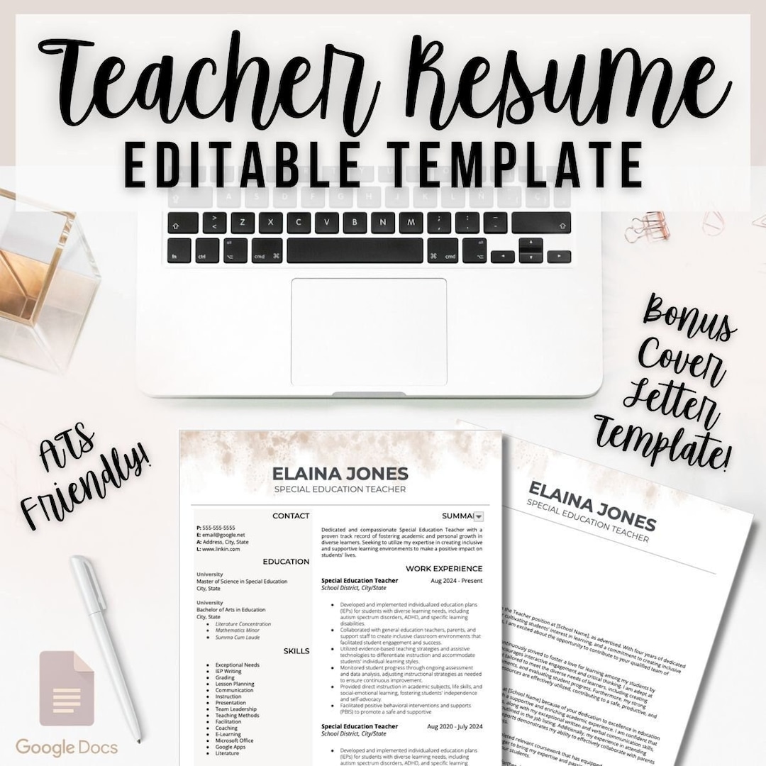 Modern Teacher Resume Template, Editable, Neutral Watercolor Design ...