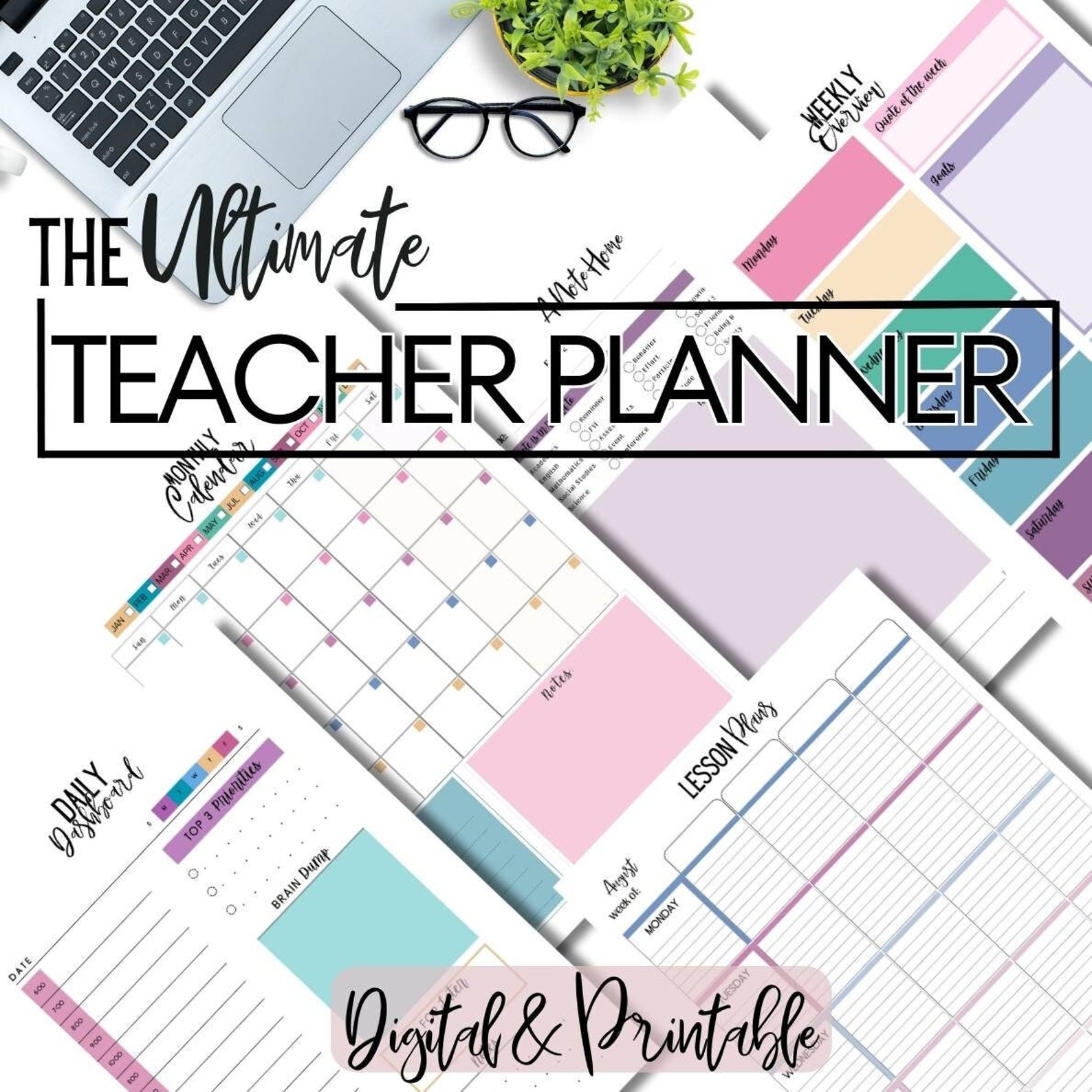 Digital Teacher Planner: Printable Colorful Watercolor, Best Teacher ...