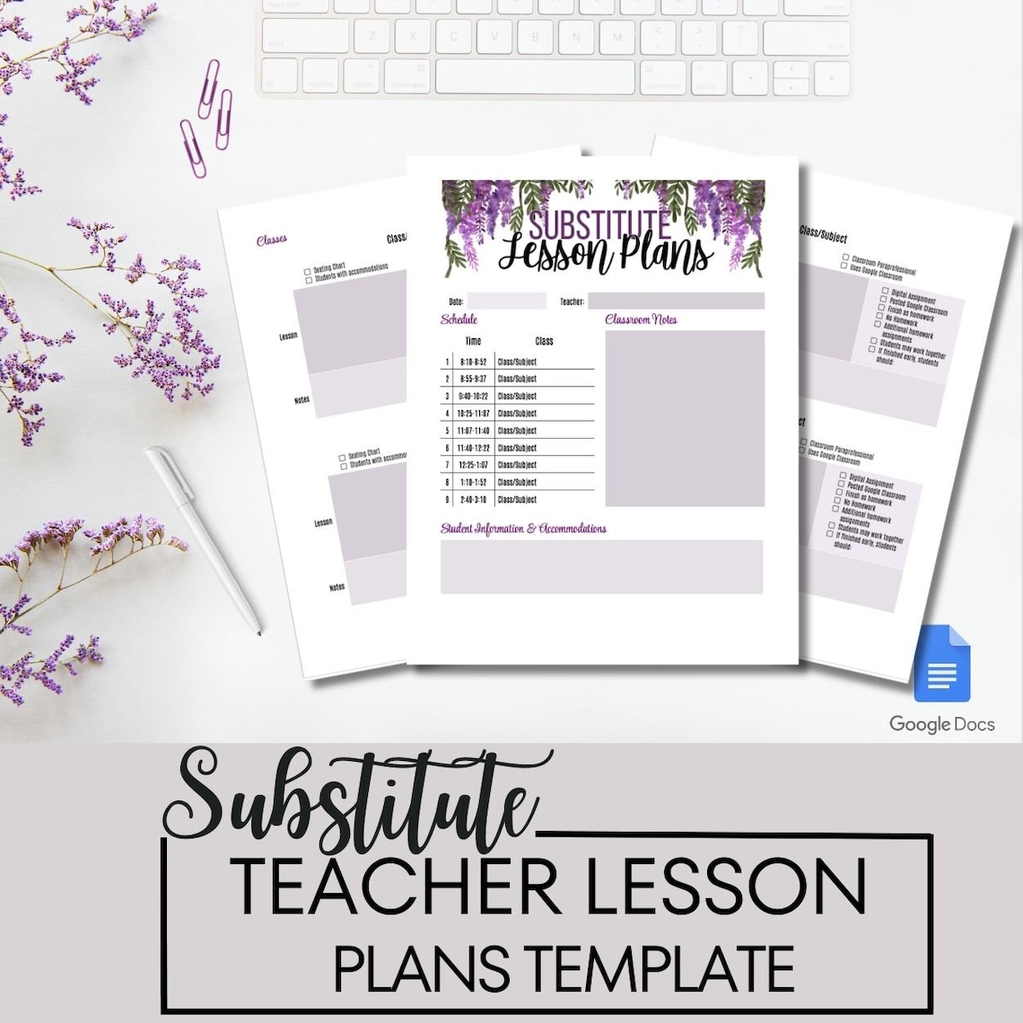 Substitute Teacher Plans Template Google Docs Purple Wildflowers ...