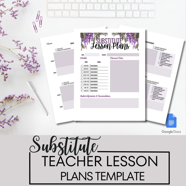 Substitute Teacher Plans Template Google Docs Purple Wildflowers ...