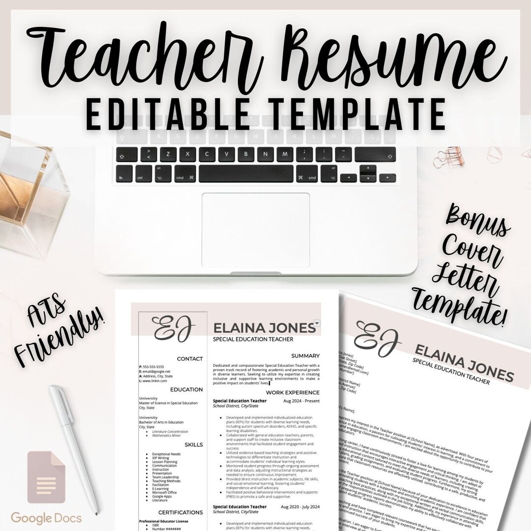 Elegant Teacher Resume Template, Editable, Neutral Script Initials ...