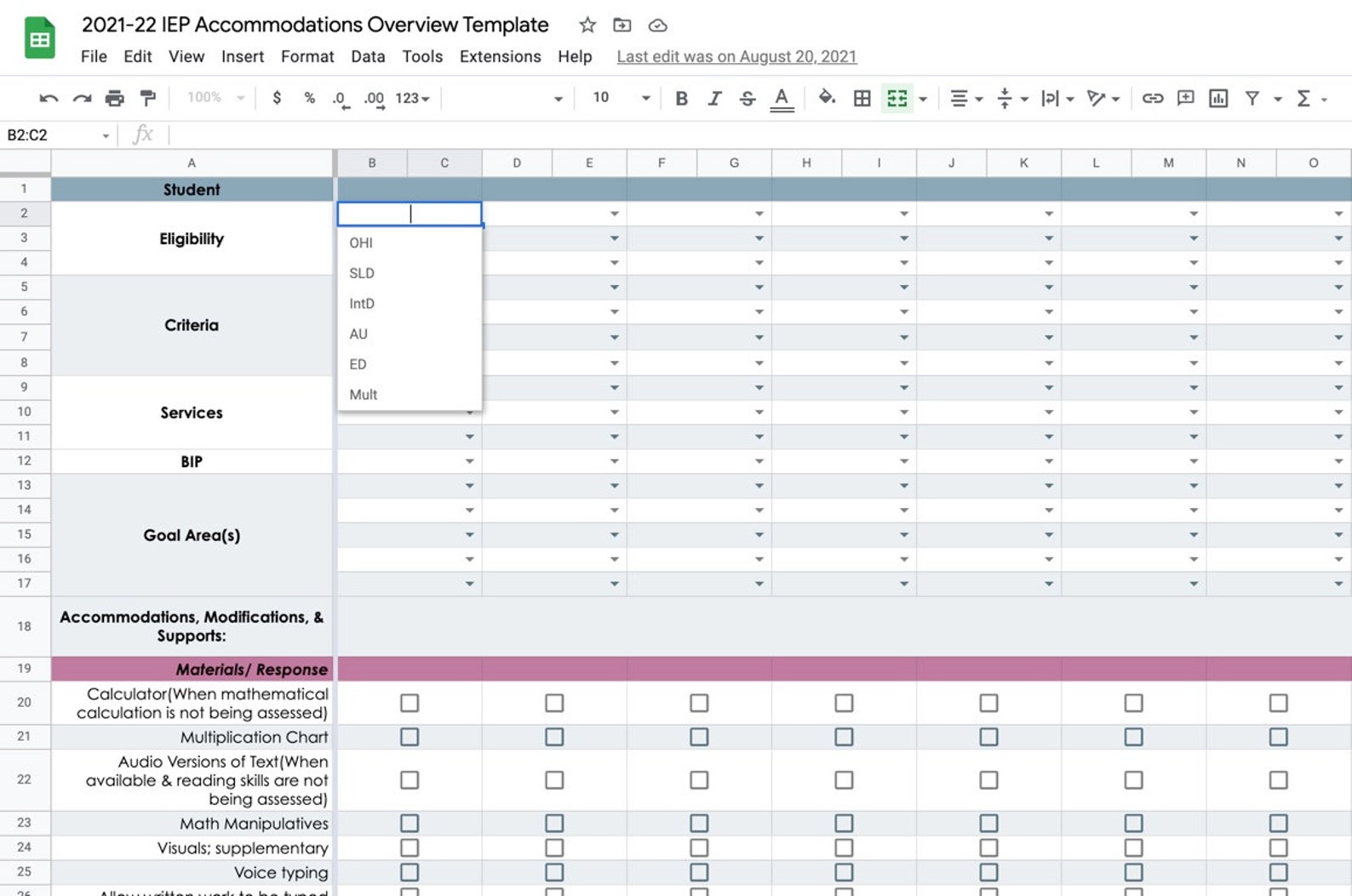 IEP Accommodations Overview: Google Sheets for SPED Teachers - Etsy
