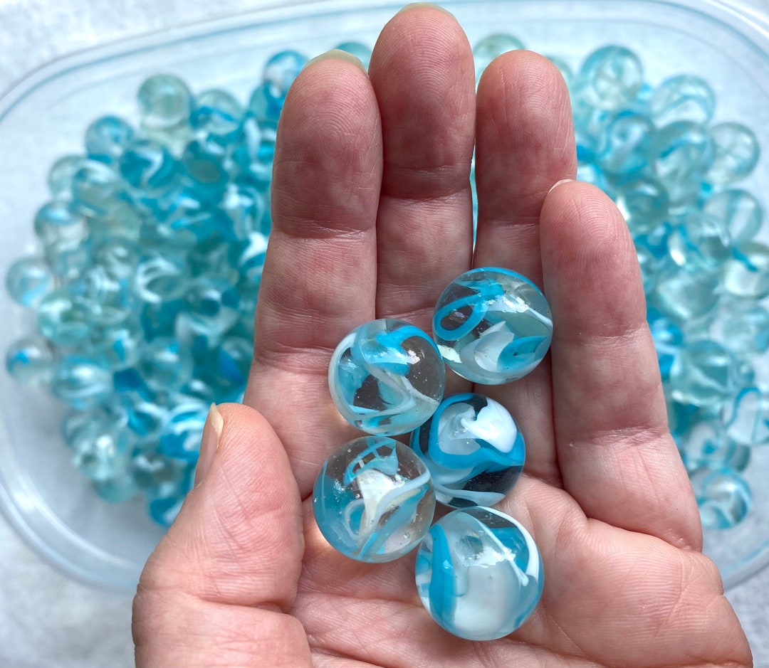 Set of 5 “arctic” Mega Marble Glass Marbles, 5/8” (16mm), Clear W/ Aqua ...