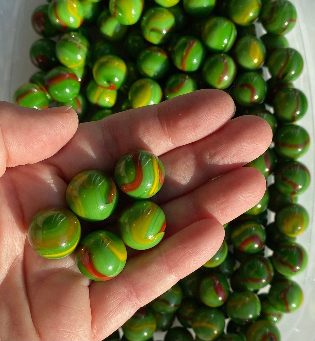 Set of 6 “dragon” Mega Marble Glass Marbles, 5/8” 16mm, Green W/ Red ...