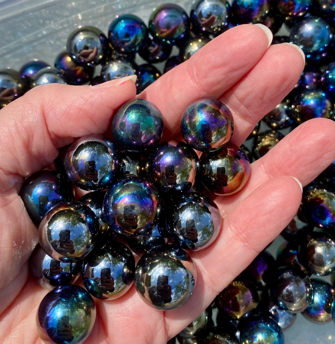Set of 5 “meteor 1” Mega Marble Glass Marbles, 5/8”, Mirror Iridescent ...
