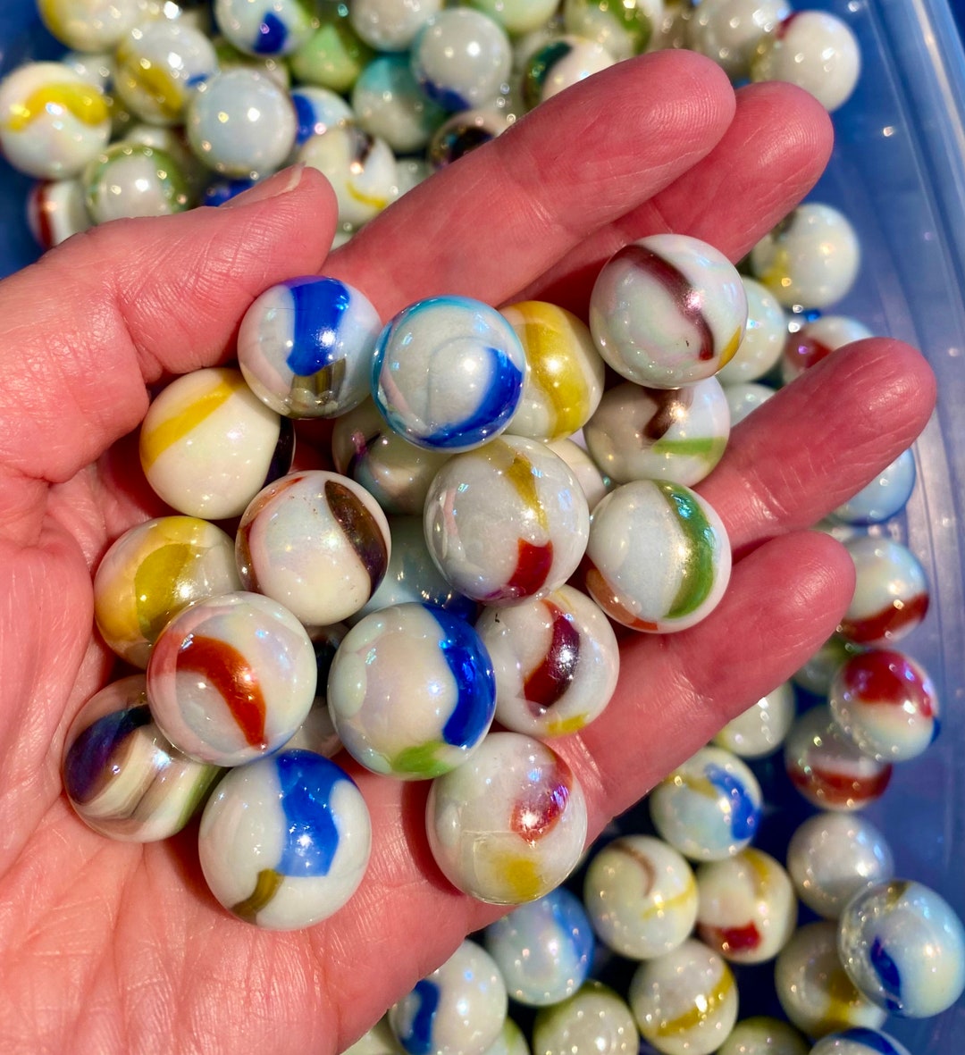 Set of 5 Comet Mega Marble Glass Marbles, 5/8 16mm Iridescent White w ...