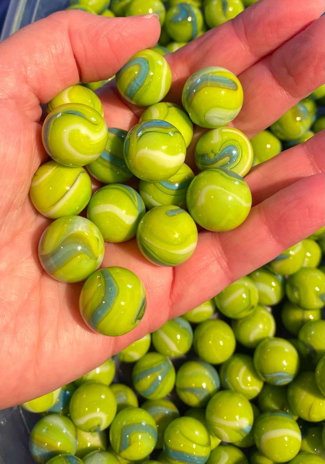 Troll 5/8 Set of Five Mega Marble Glass Marbles, Lime Green With Aqua ...