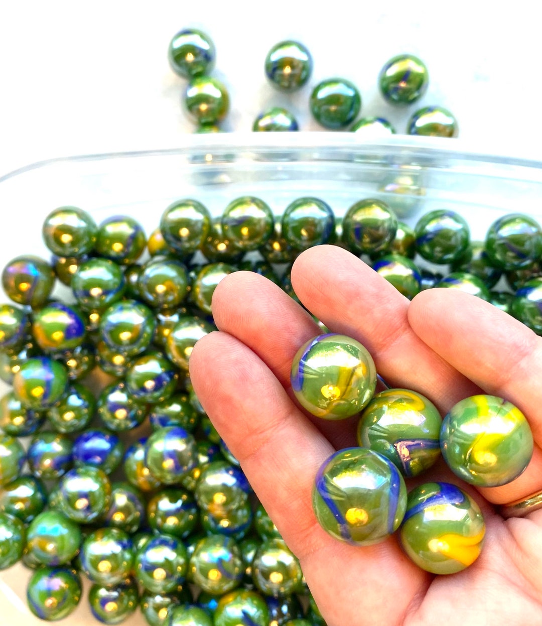 Set of 5 “peacock” Mega Marble Glass Marbles, 5/8” 16mm Iridescent ...