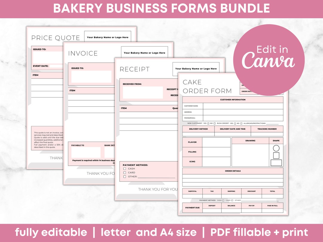 Bakery Business Forms Template Bundle, Bakery Editable Invoice Canva ...