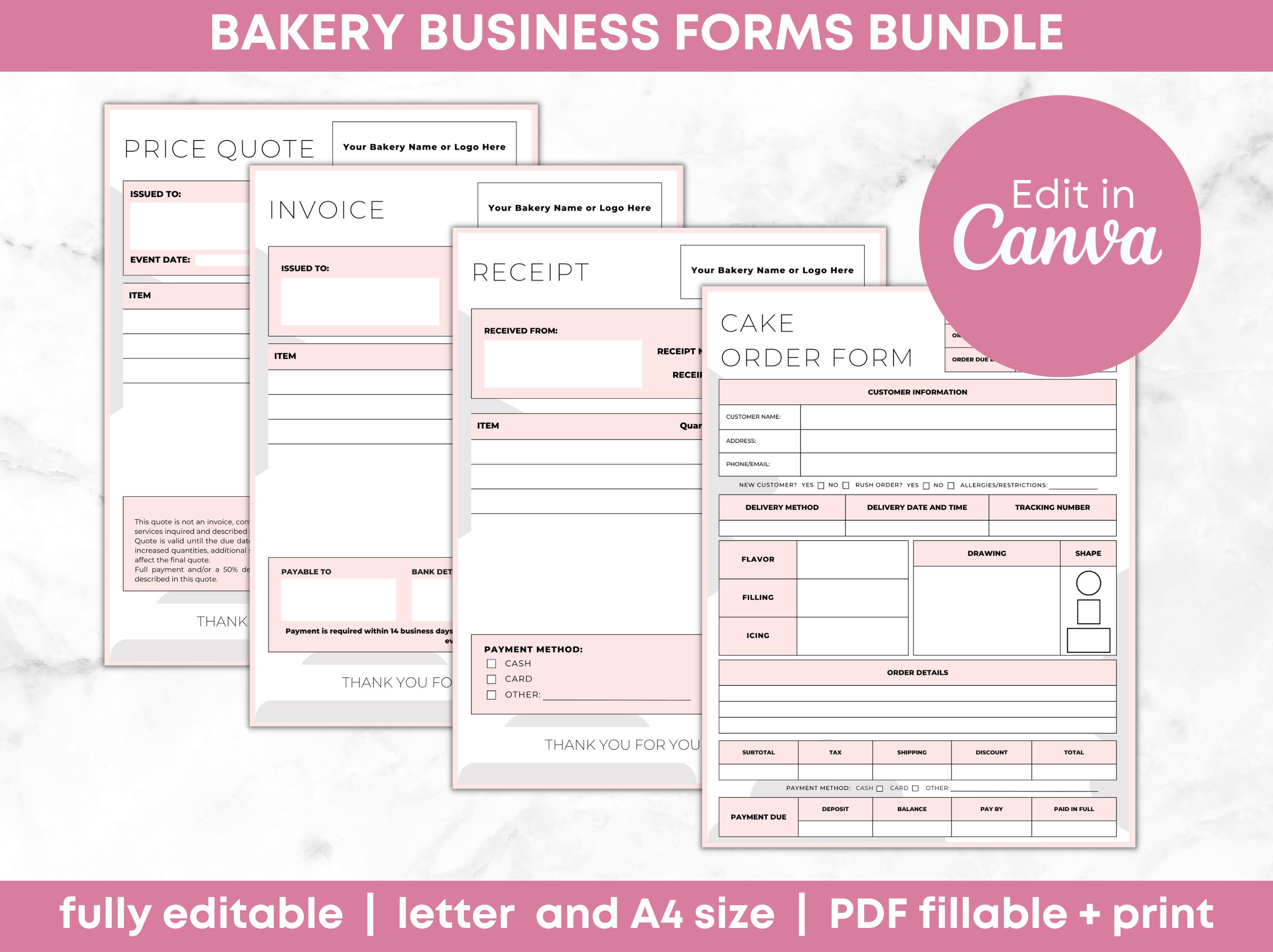 Bakery Business Forms Template Bundle, Bakery Editable Invoice Canva ...