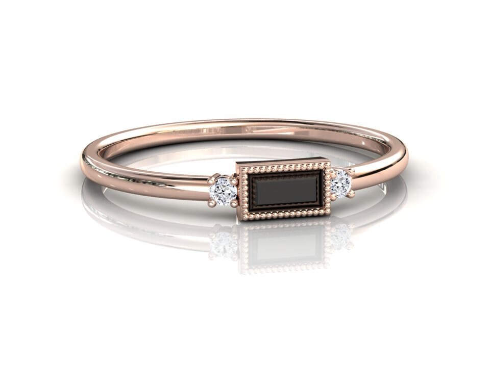Black Diamond Stacking Ring, Art Deco Stacking Band, Bezel Set Baguette Ring, 14k Yellow Gold ...