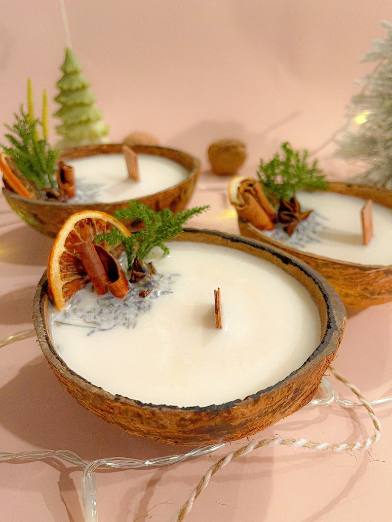 Christmas Coconut Shell and Wax Scented Candle With Wooden Wick - Etsy
