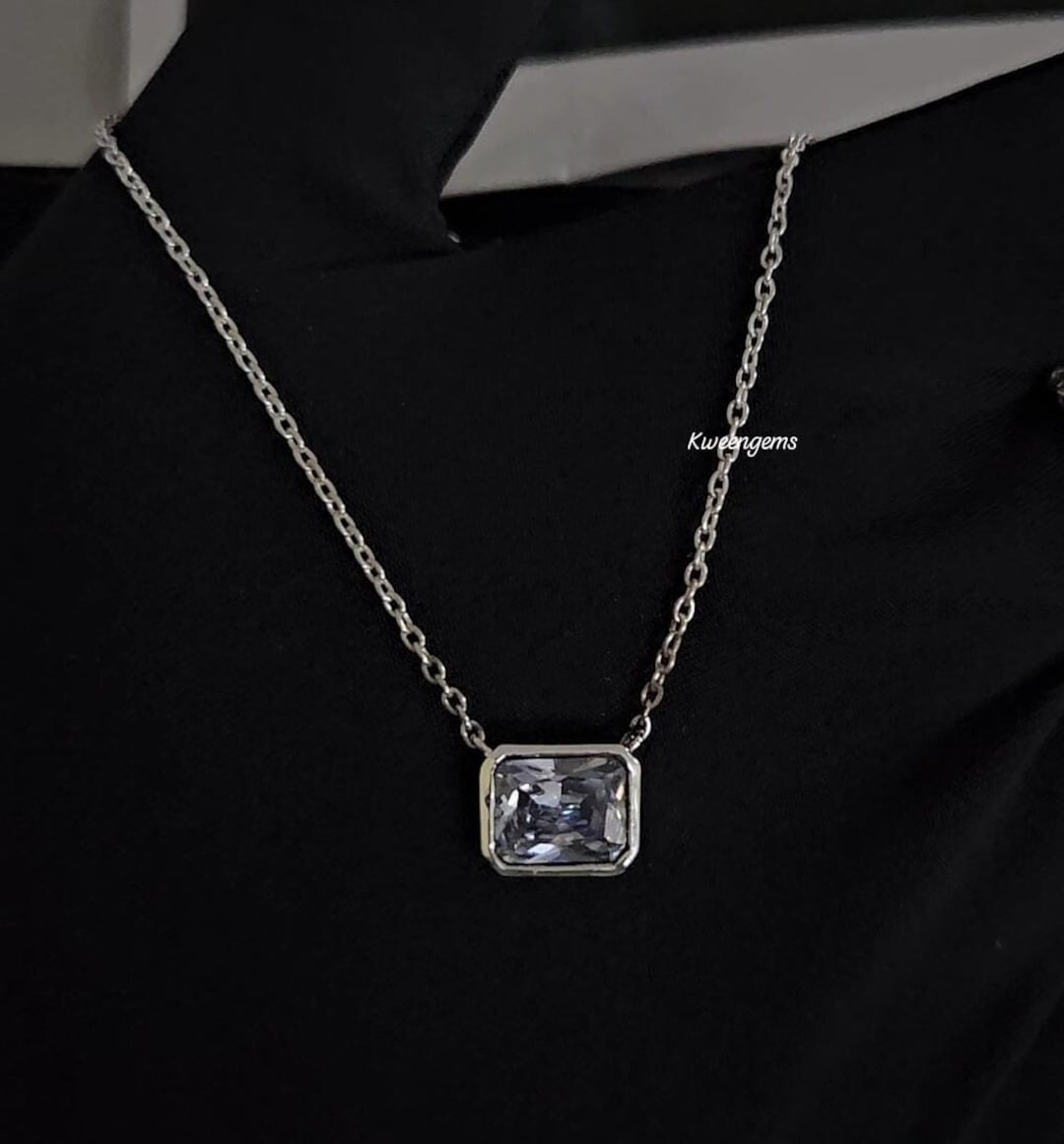 2ct Emerald Cut Diamond Bezel Set Pendant Wedding Necklace/ 14K Gold or ...