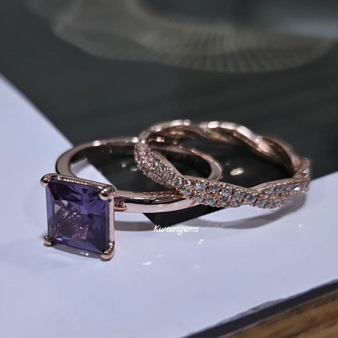2-pcs Ring Set for Her 2ct Princess Cut Blue Alexandrite Engagement ...