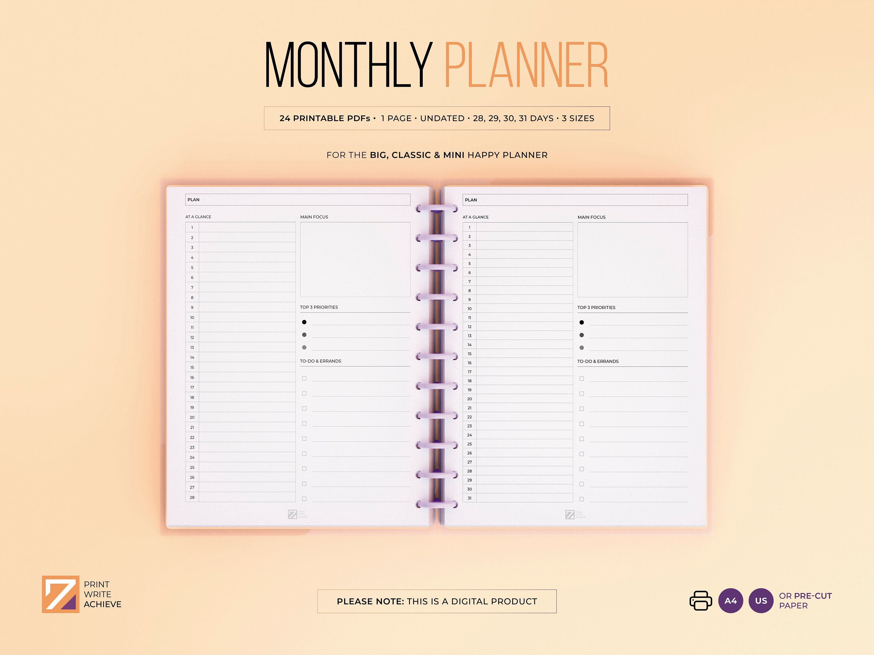 Happy Planner Inserts Undated Month at a Glance Big, Classic, Mini ...
