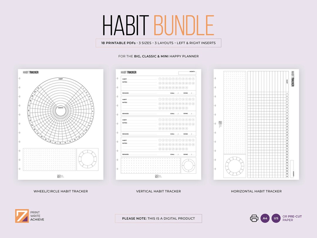 Habit Tracker Printable Inserts Bundle for Big, Classic, Mini Happy ...
