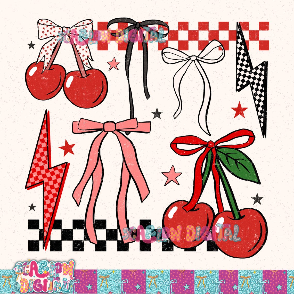 Cherries and Bows PNG Digital Design, Yallternative Png, Retro Designs ...
