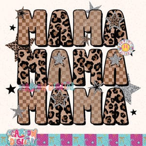 Mama PNG, Leopard & Checkered Block Letter Mom Design With Glitter Star ...