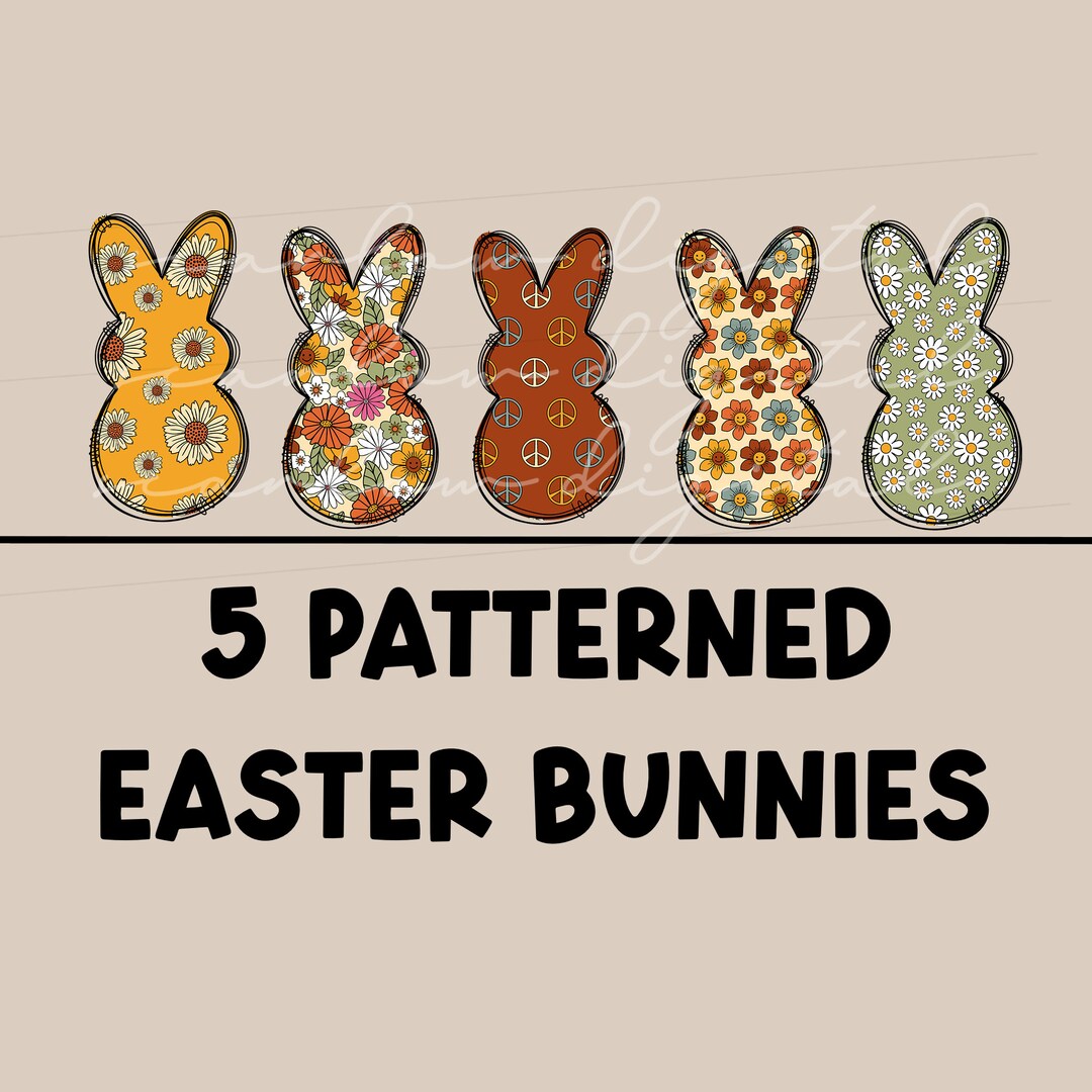 Set of Five Hippie Boho Easter Bunny PNG Designs for Sublimation ...